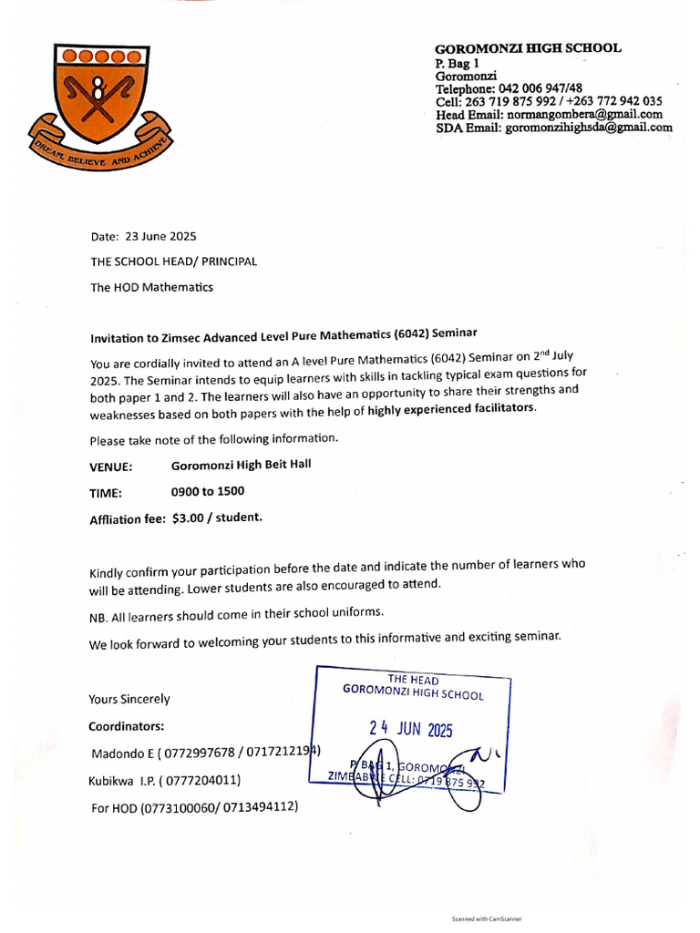 Seminar Invitation Goromonzi High School | PDF