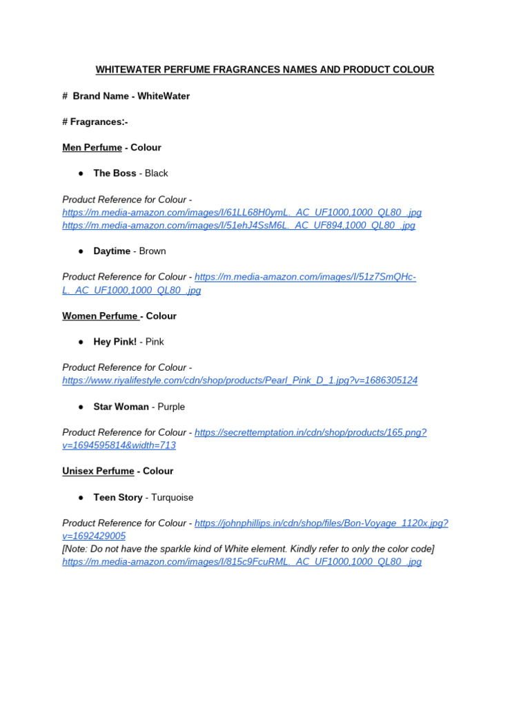 Finalised Whitewater Perfume Fragrance Names and Product Colour | PDF