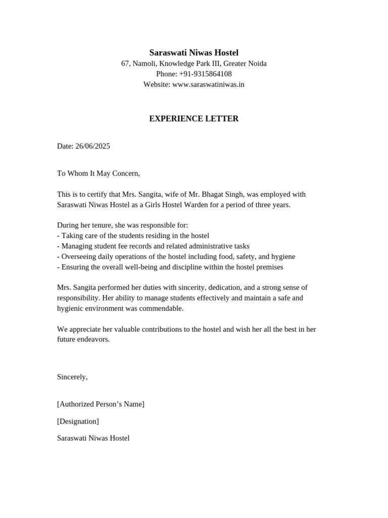 Experience Letter Sangita | PDF