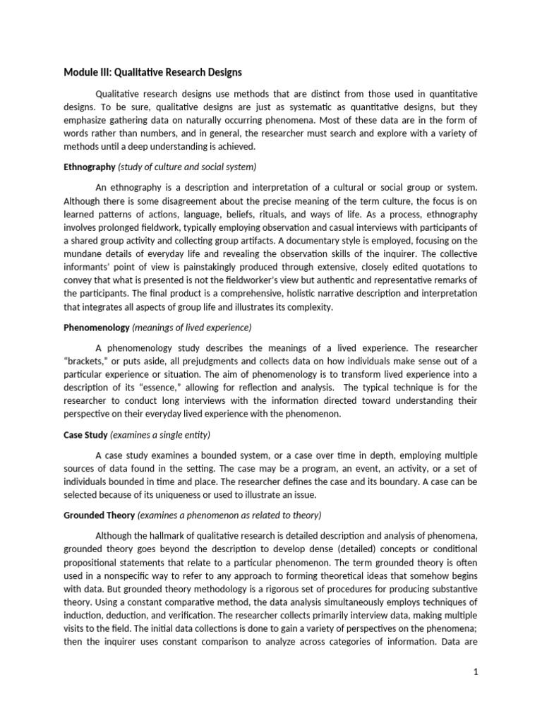 Module III Qualitative Research Designs | PDF | Qualitative Research ...