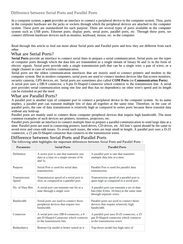 Difference Between Serial Ports and Parallel Ports | PDF | Computer Engineering | Electronics