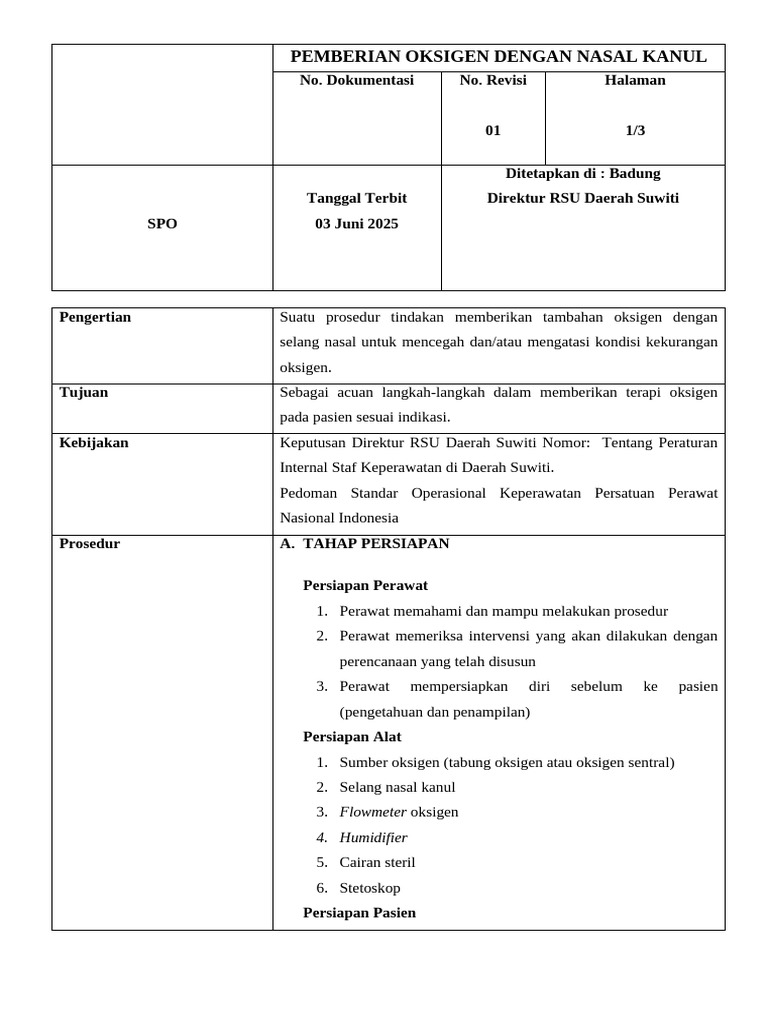 Spo Pemberian Oksigen Dengan Nasal Kanul | PDF