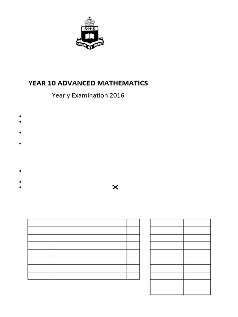 Sydney Boys 2016 Year 10 Maths Yearly & Solutions | PDF | Mathematics