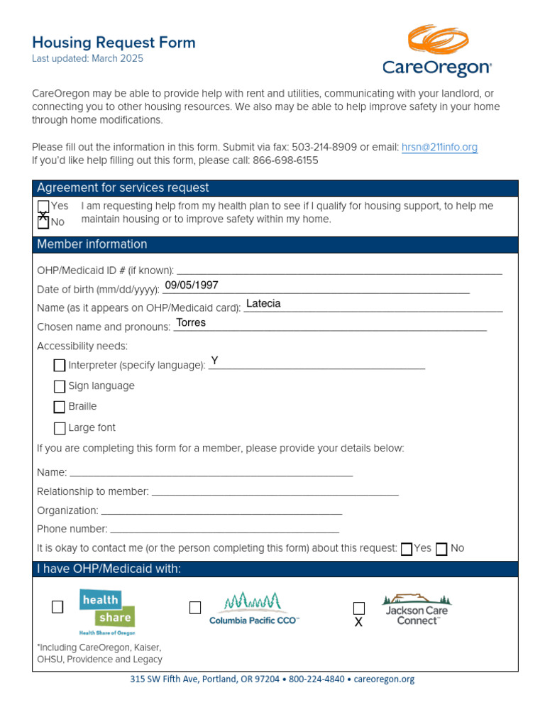 HRSN Housing Support Request Form | PDF | Mental Disorder | Mental Health