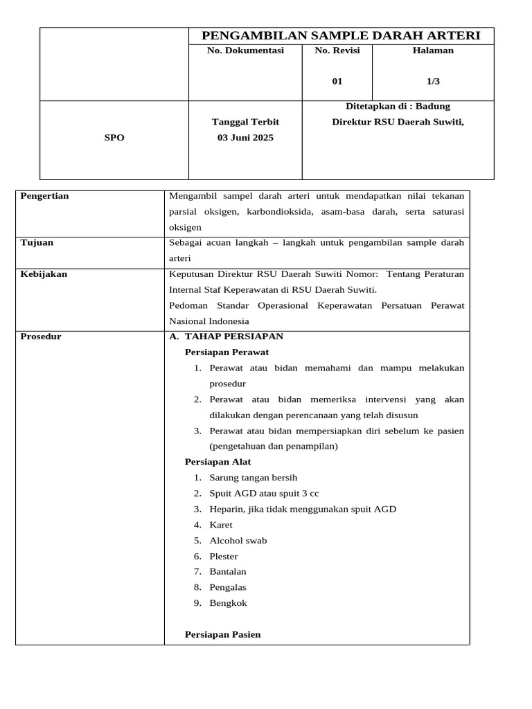 Spo Pengambilan Sample Darah Arteri | PDF