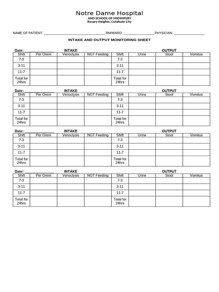 NDH Intake and Output Per Shift Monitoring Sheet Shift | PDF