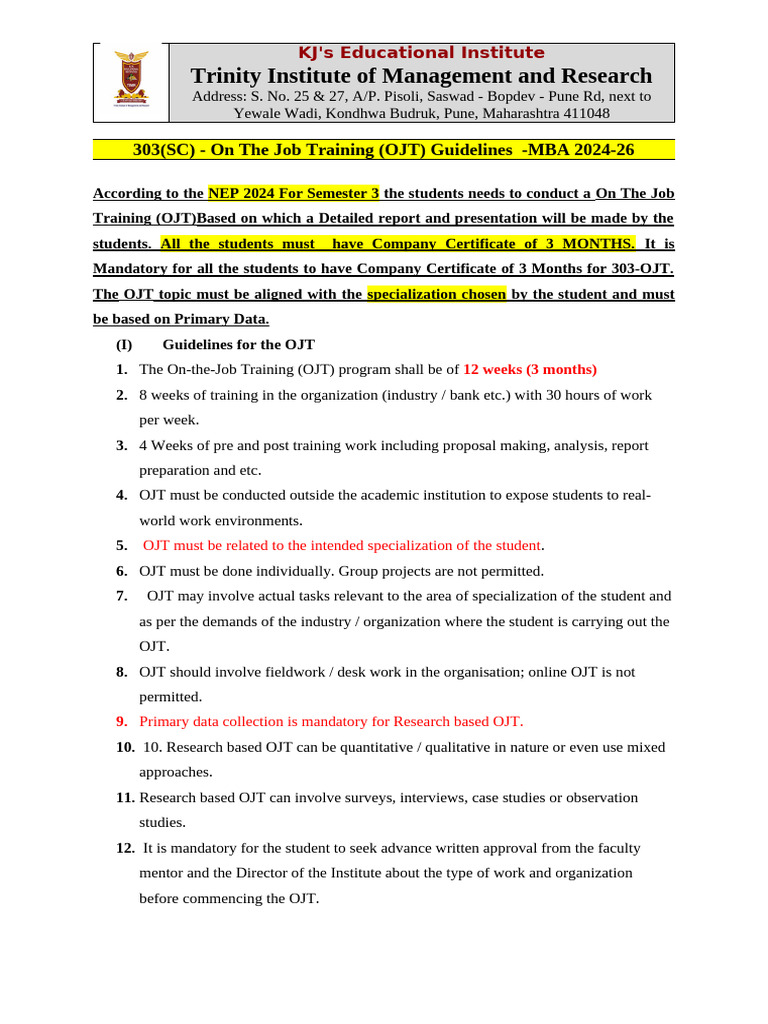 OJT - Specifications For Sem 3 Students-MBA 24-26 | PDF | Data Analysis