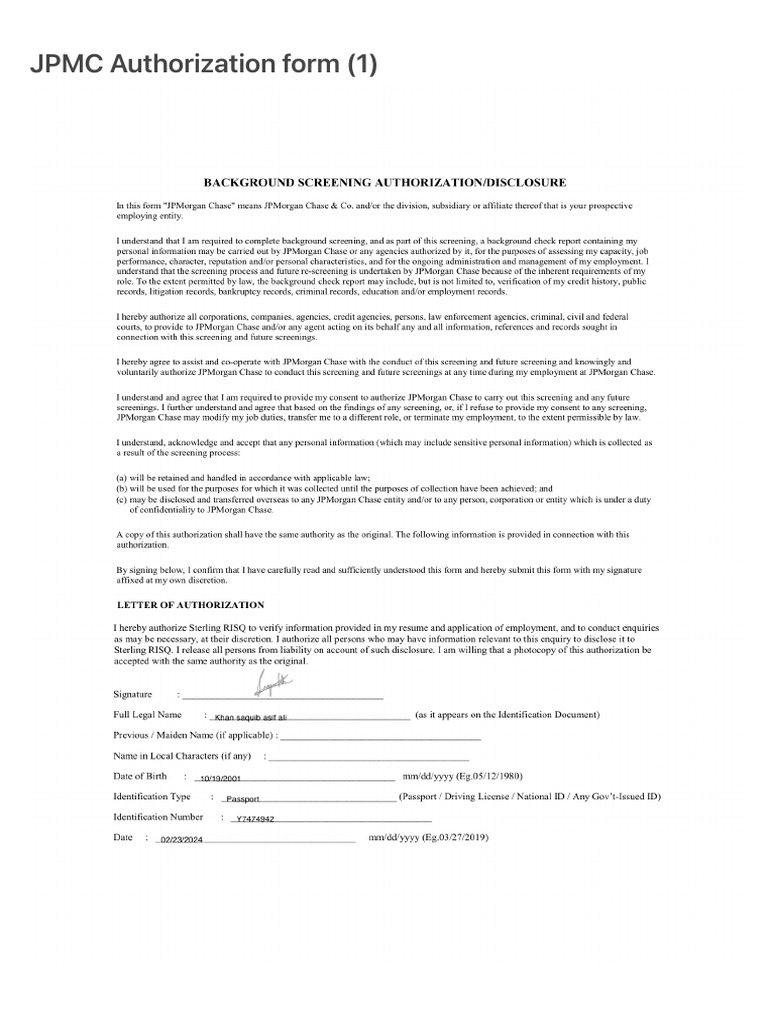 JPMC Authorization Form | PDF