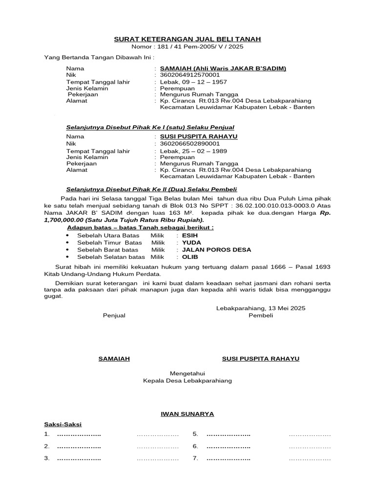 Surat Jual Beli Dari BPK Olib Ke Susi | PDF