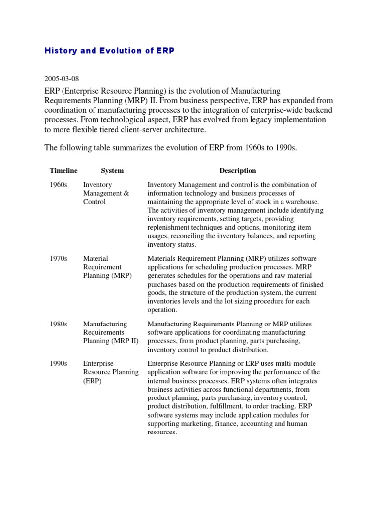 History and Evolution of ERP | PDF | Enterprise Resource Planning ...