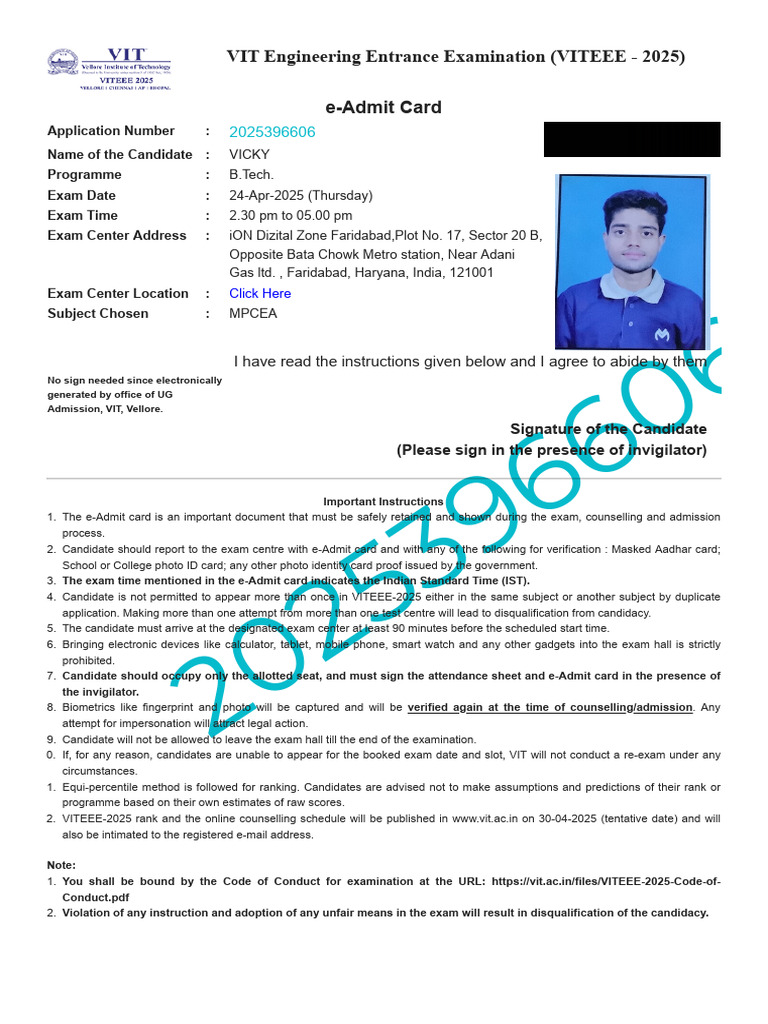 VITEEE-2025 e-Admit Card Details | PDF