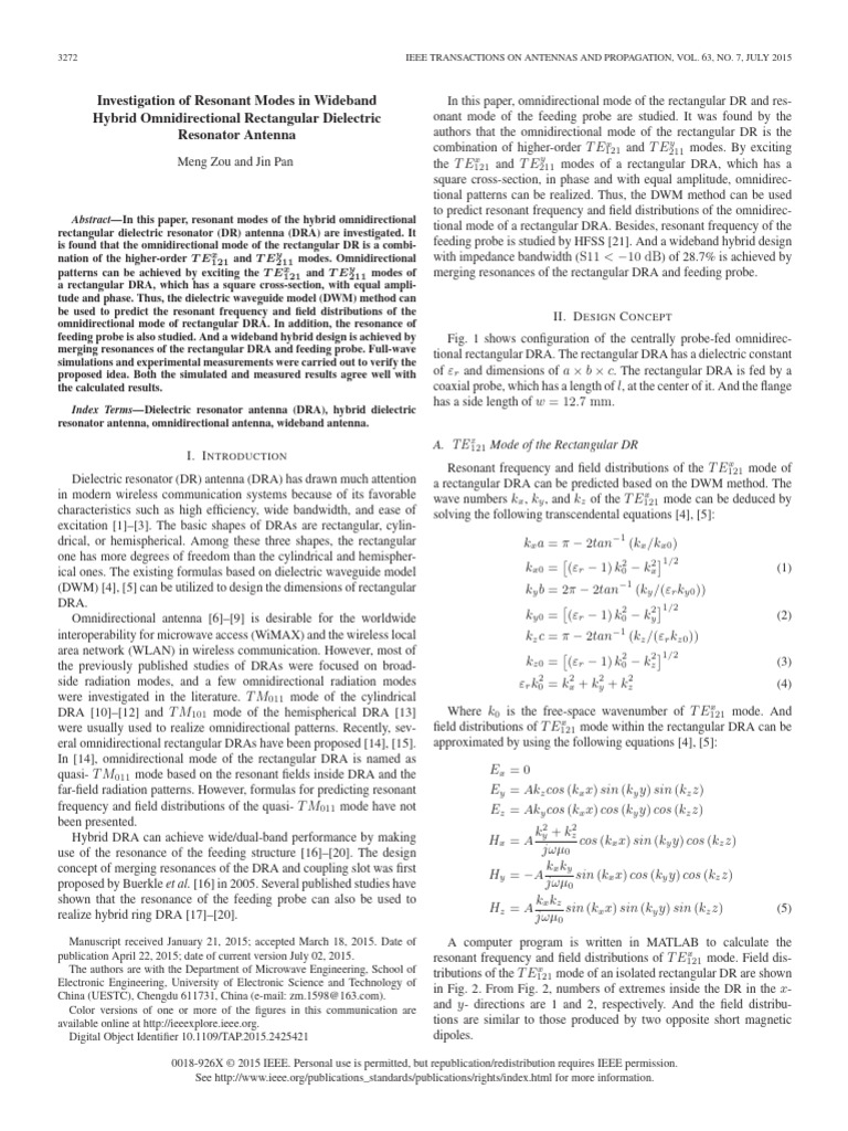 Investigation of Resonant Modes in Wideband Hybrid Omnidirectional Rectangular Dielectric ...