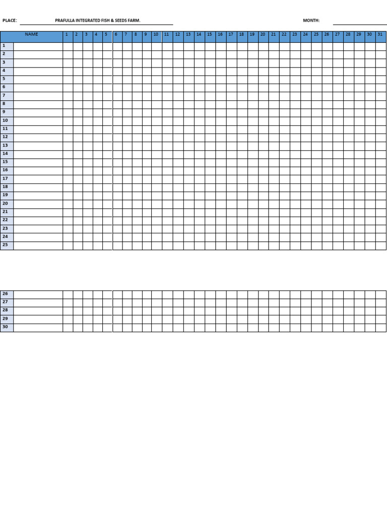 Monthly Attendance Sheet Template (Fish) | PDF