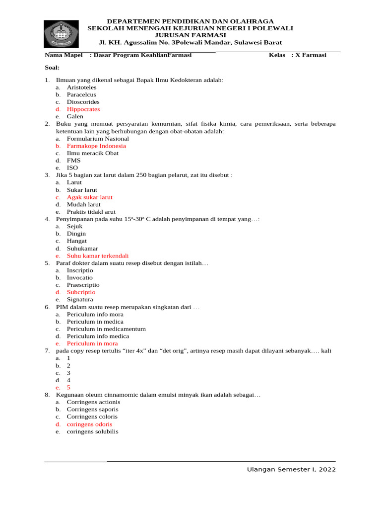 Kelas X Soal Dasar Program Keahlian Farmasi 2023 | PDF