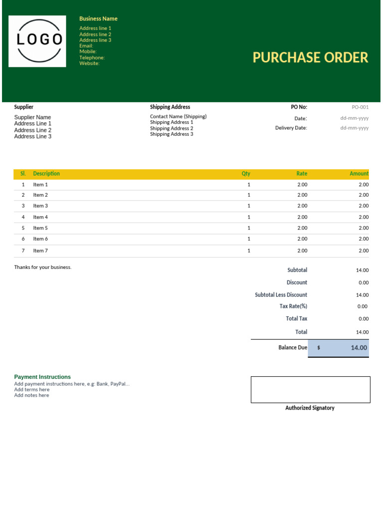 Basic Purchase Order Green Template 7 | PDF