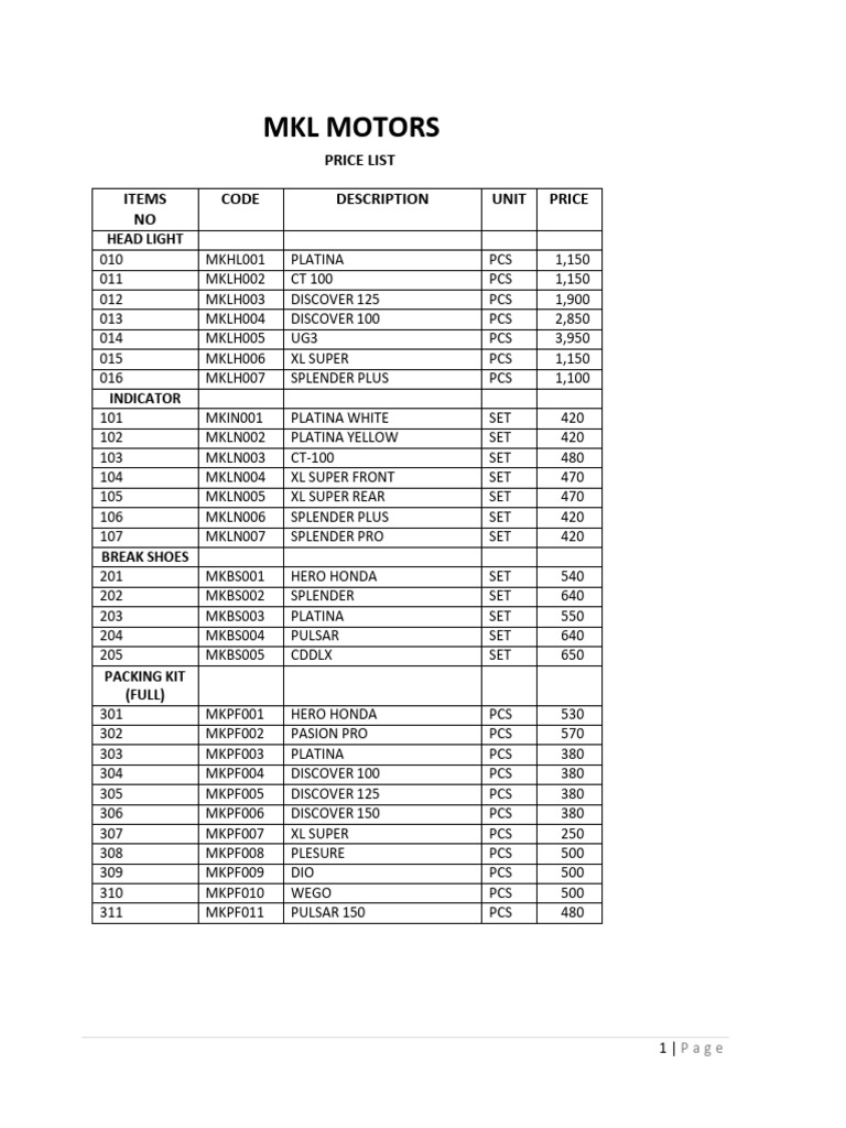 MKL Motors Clutch Plate Price List | PDF