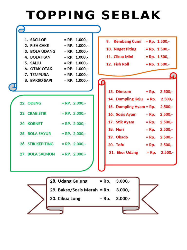 Seblak Topping Menu Options | PDF