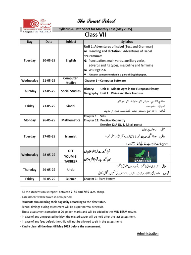 Class Vii - Syllabus & Date Sheet For Tss May 2025 Monthly Assessments ...