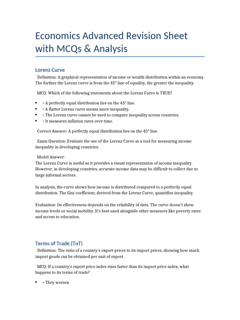 Advanced Economics Revision: MCQs & Analysis | PDF | Economic ...