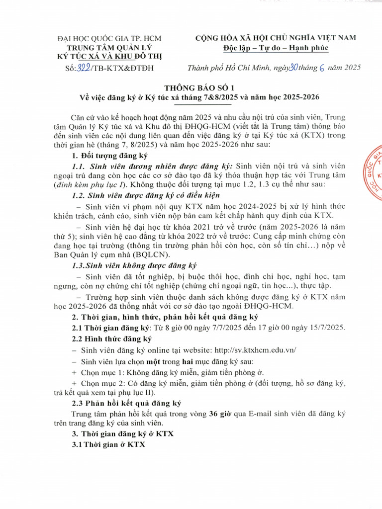 322-TB So 1 Dang Ky o KTX Thang 7,8-2025 Va NH 2025-2026 | PDF