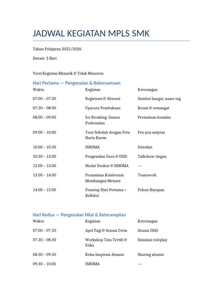 Jadwal MPLS SMK Kreatif 2025 2026 | PDF