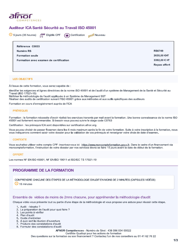 Afnor Formation Ica Iso 45001 | PDF
