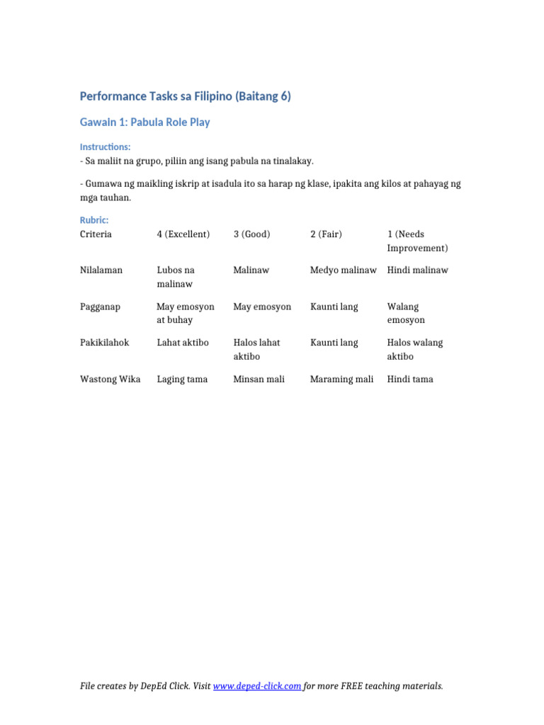 Performance Tasks Filipino Grade6 | PDF