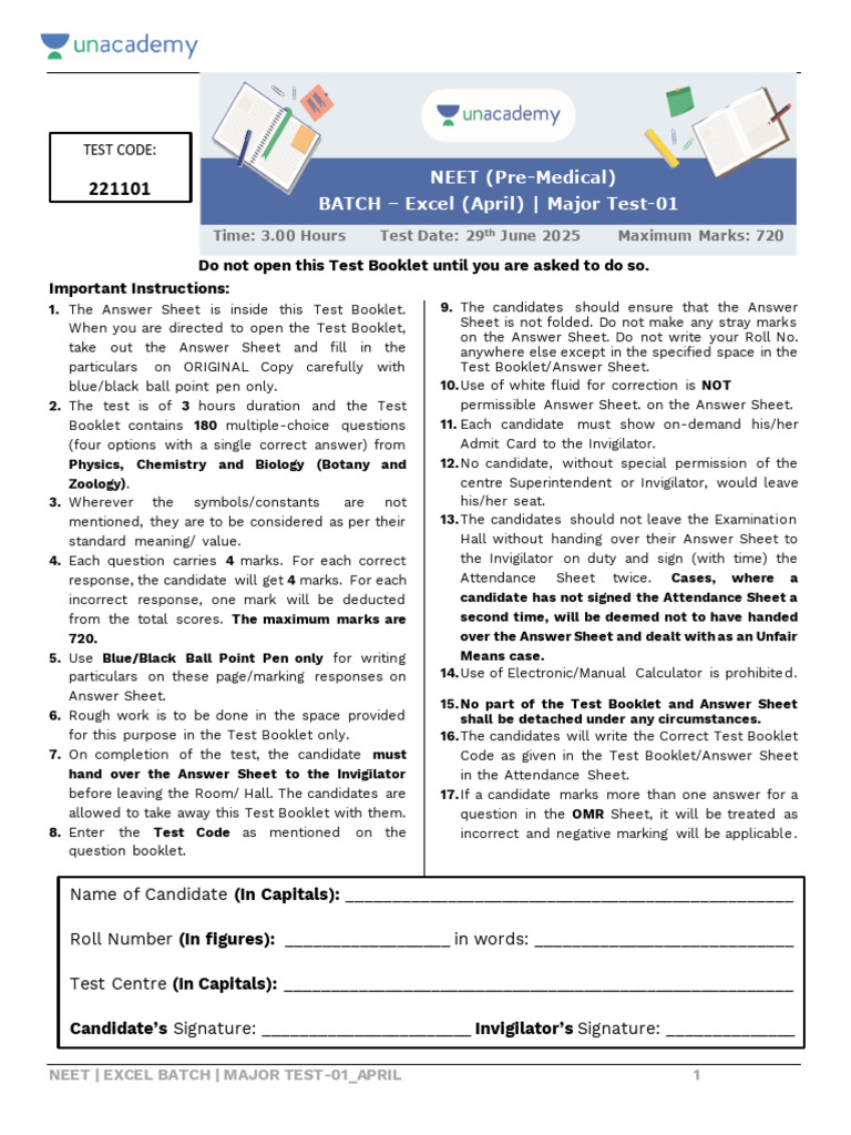 NEET EXCEL Major Test 1 April 221101 Faculty Copy (29!06!2025) | PDF ...