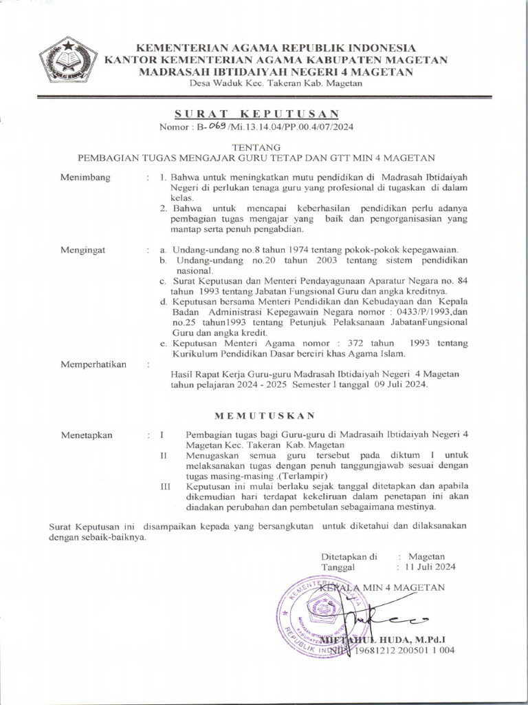 SK Pembagian Tugas Mengajar 2024-2025 | PDF