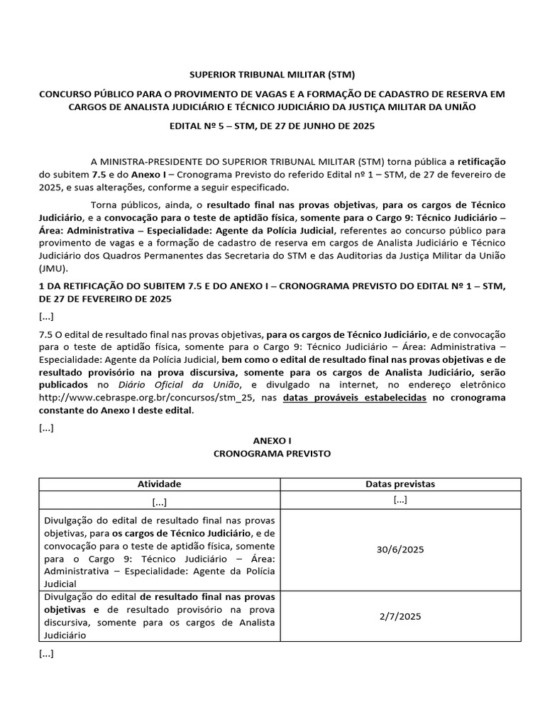 Retificação do Edital STM 2025 | PDF