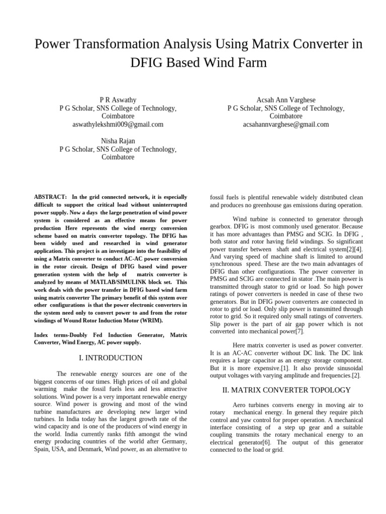 Matrix Converter in DFIG Wind Farms | PDF | Power Electronics | Wind Power