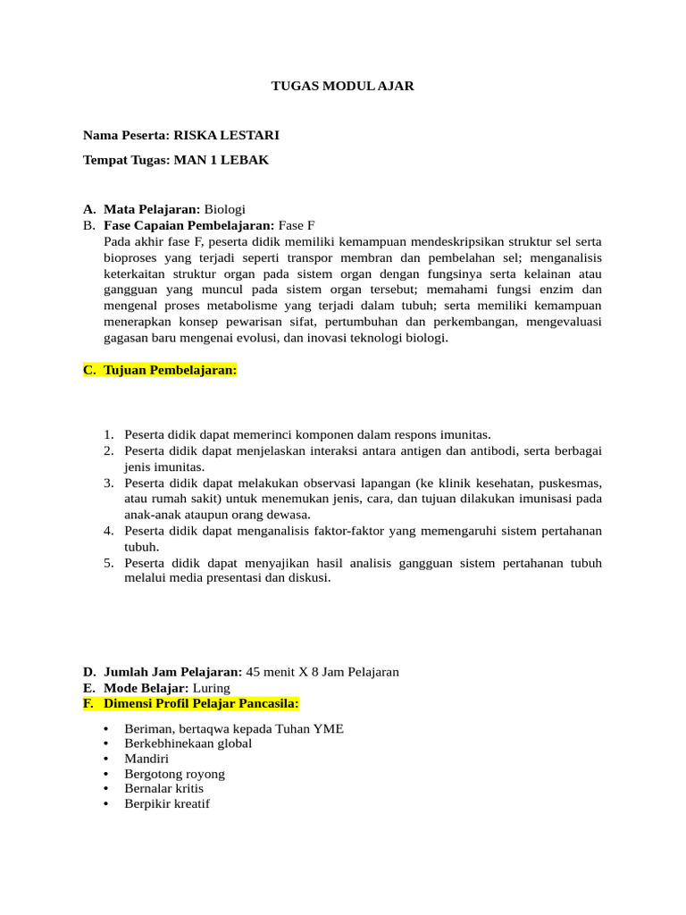 Tugas Mengembangkan Modul Ajar - Riska Lestari | PDF