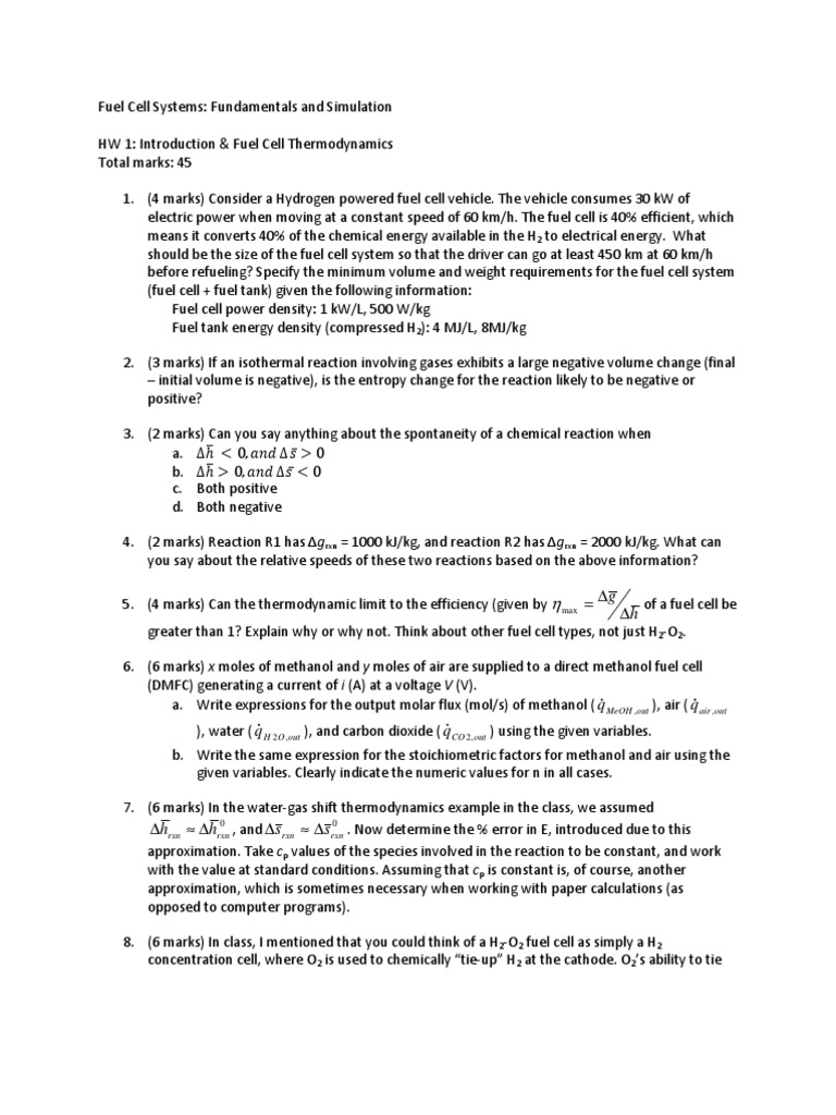 HW1 Questions | PDF | Fuel Cell | Fuels