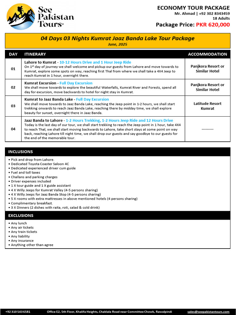 04 Days Kumrat Jaaz Banda Lake Tour Package | PDF