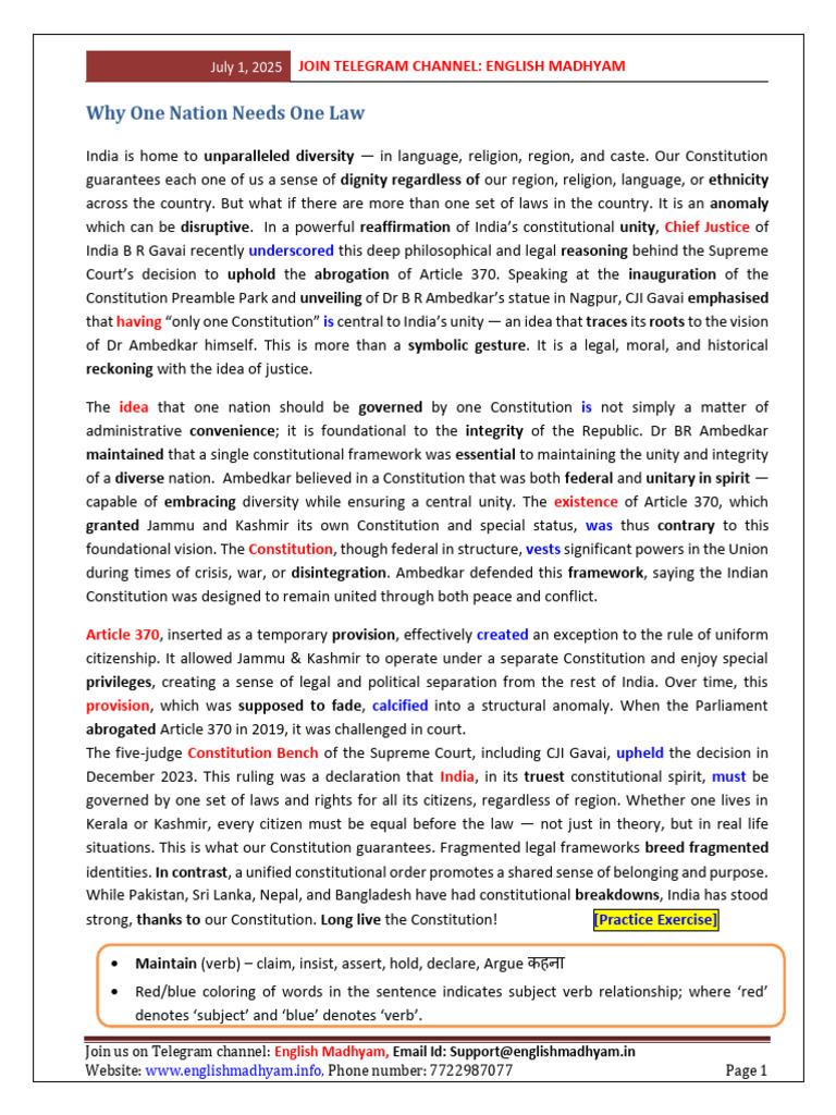One Nation, One Law: India's Unity | PDF | Grammatical Tense | Verb