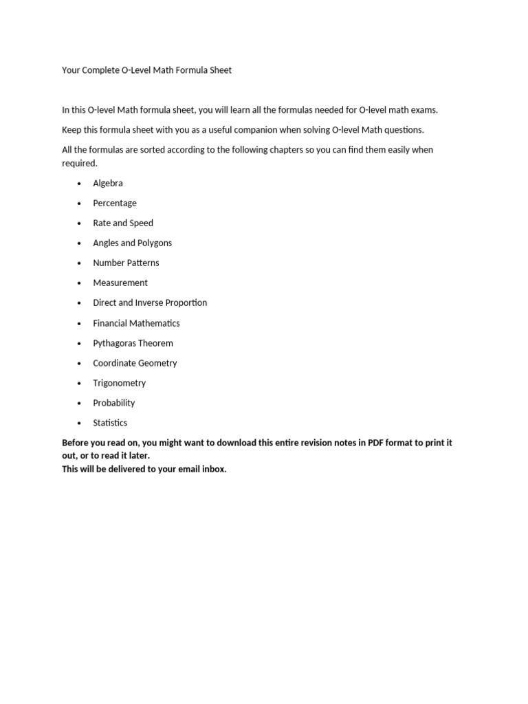O-Level Math Formula Sheet Guide | PDF | Area | Sphere