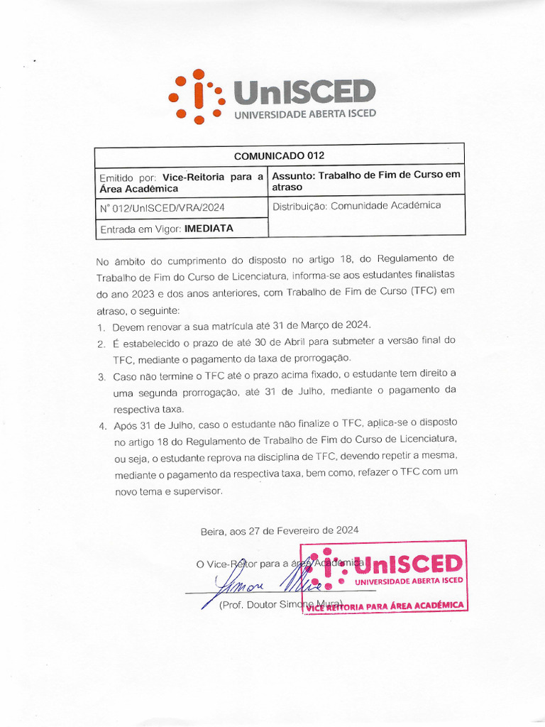 Comuinicado 012 - TFC em Atraso | PDF