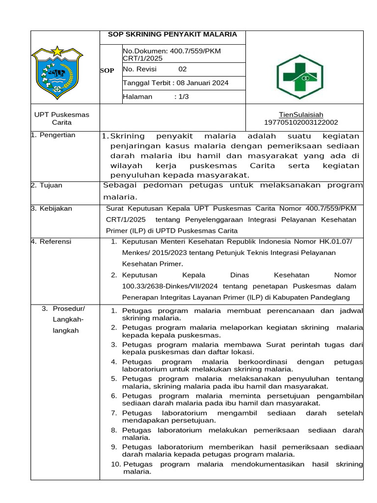 Sop Skrining Malaria | PDF