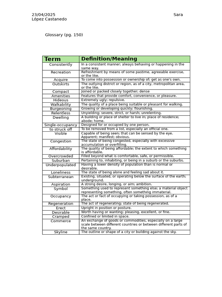 Vocabularylistpage 150 Castanedo | PDF