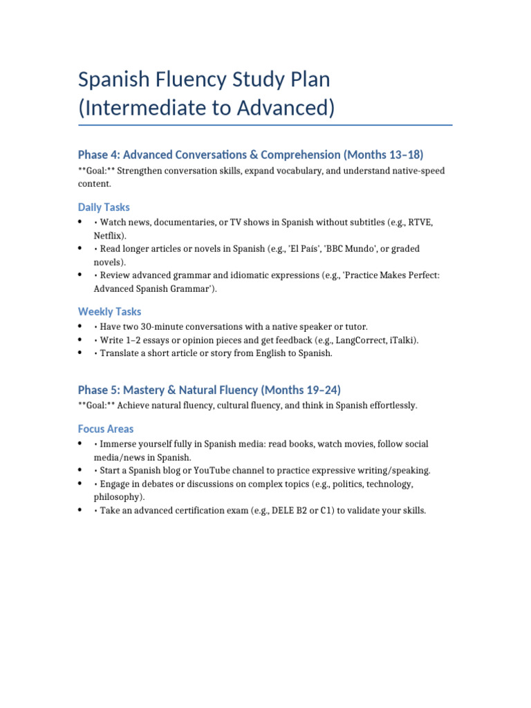 Spanish Intermediate To Advanced Study Plan | PDF