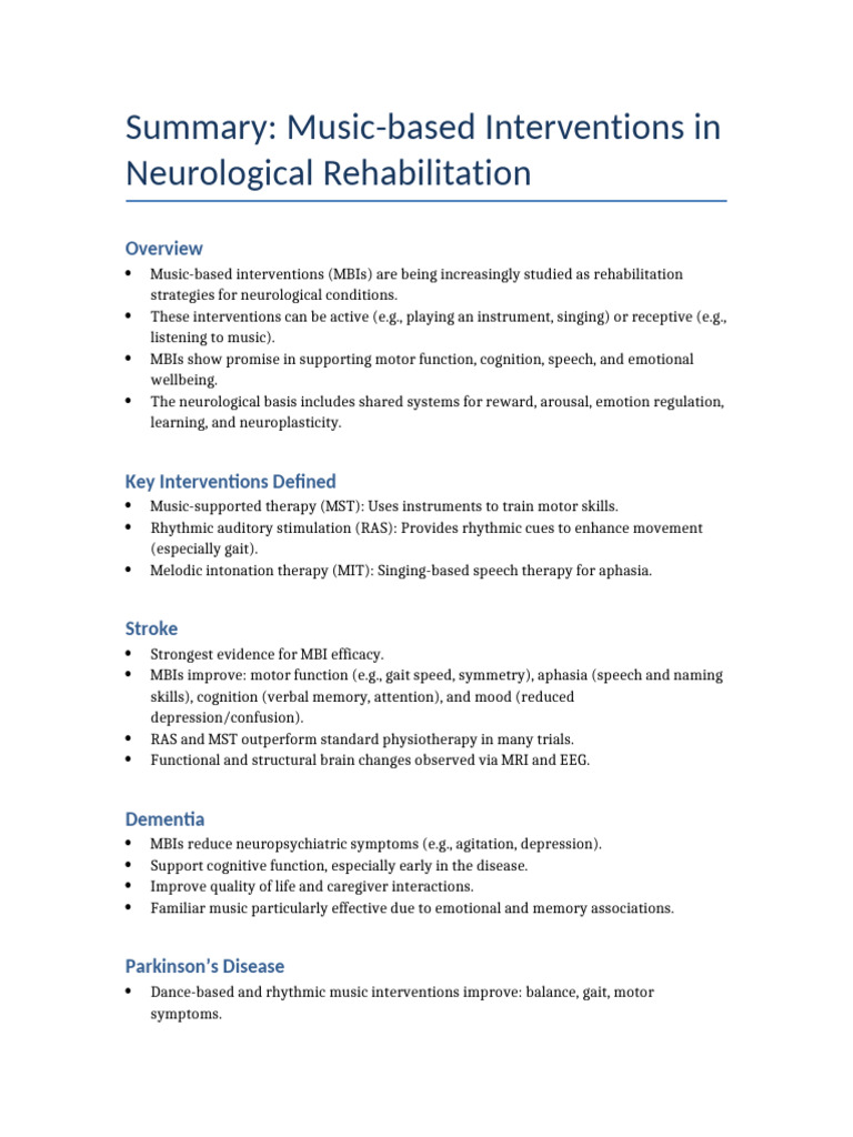 Music-Based Interventions Summary | PDF | Aphasia | Neurology