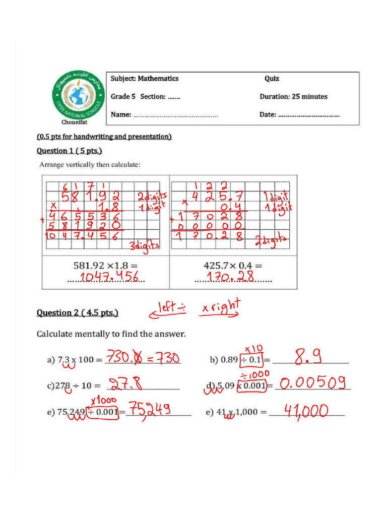 Ak. Quiz Multiplying and Dividing by 10.. and Multiplying 2 Decimals | PDF