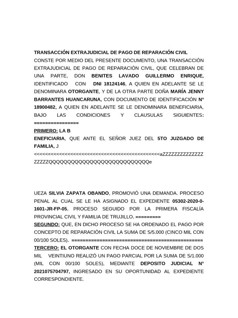 Transacción Extrajudicial de Pago Civil | PDF