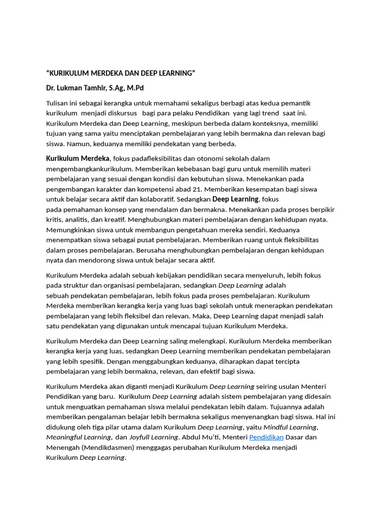 Kurikulum Merdeka Dan Deep Learning | PDF