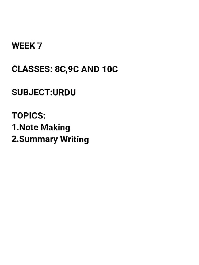 Urdu File Week 7 Classes 8,9 and 10C | PDF
