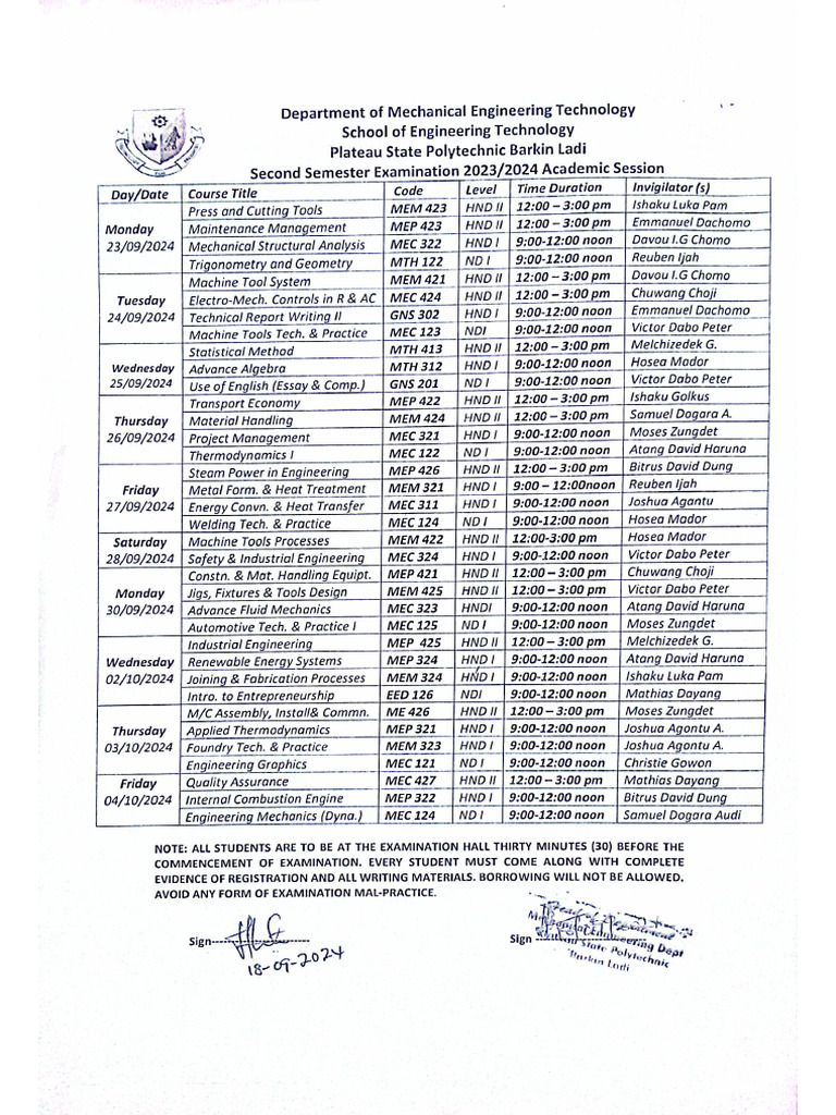 2nd Semester Exam Timetable 2324 Session | PDF