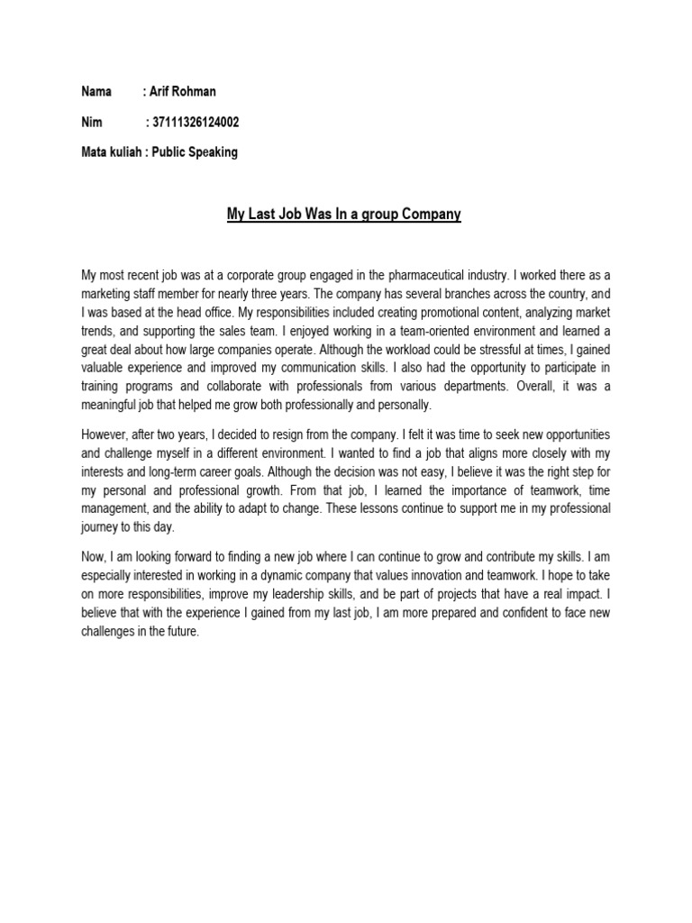 Public Speaking - My Last Job - Arif Rohman | PDF