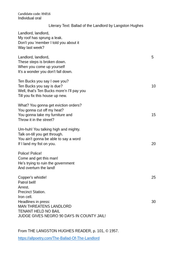 Analysis of Hughes' "Ballad of the Landlord" | PDF