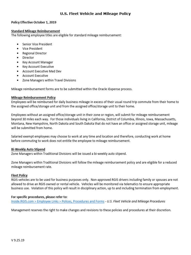 U.S. Fleet Vehicle and Mileage Policy v10.2019 | PDF