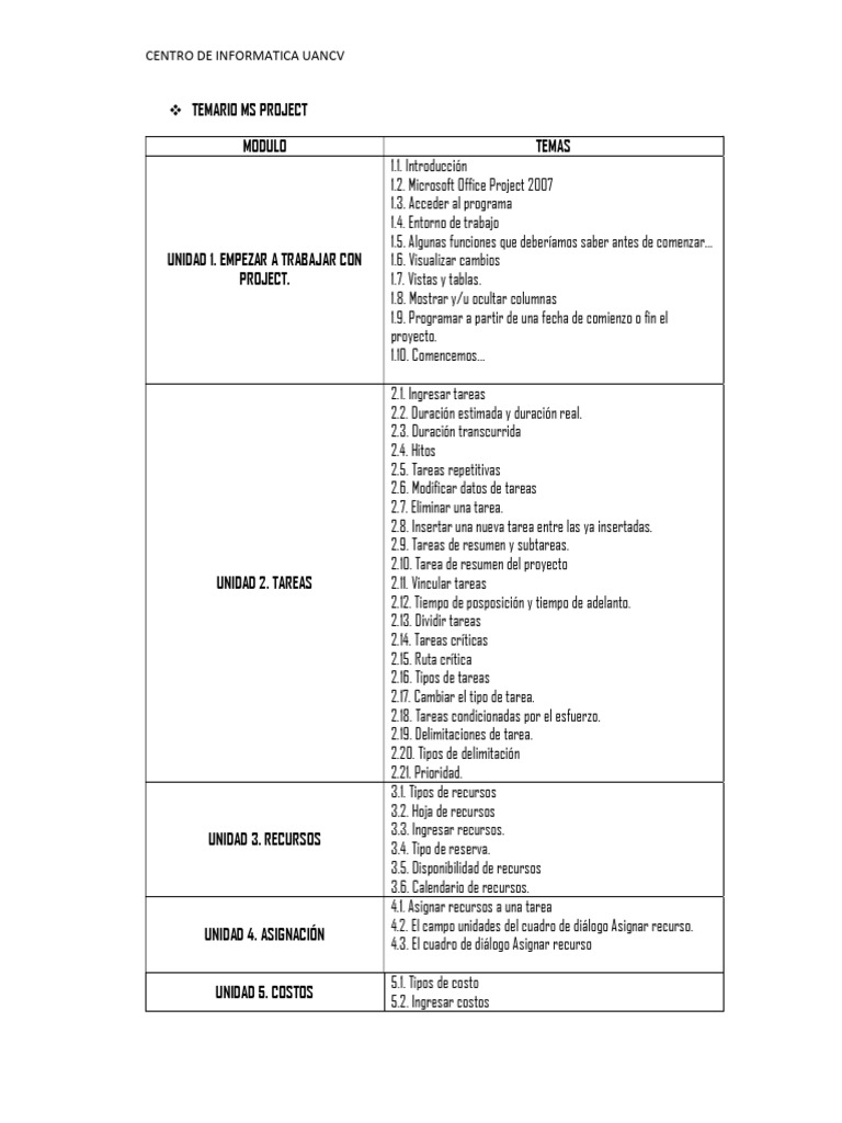 Temario MS Project - Centro de Informatica Uancv | PDF
